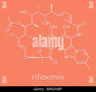 Rifaximin antibiotic drug molecule. Atoms are represented as spheres ...