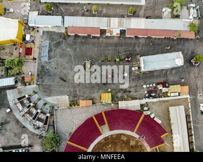 Aerial view of the Rodeo arena, rides and facilities and corrals of the ...