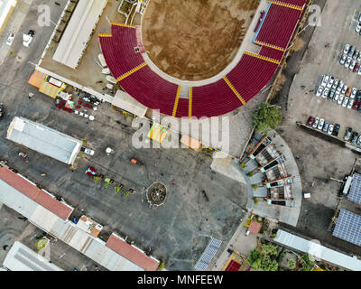 Aerial view of the Rodeo arena, rides and facilities and corrals of the ...