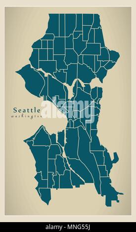 Seattle Washington city map with neighborhoods grey illustration ...