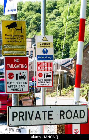 Warning signs, stop, cctv, danger forestry work, keep off log stacks ...