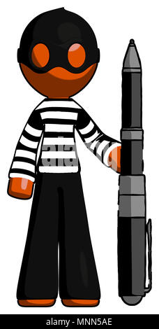 Orange thief man holding giant calligraphy pen Stock Photo - Alamy