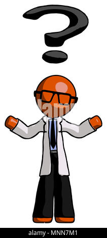 Orange doctor scientist man question mark concept, sitting on chair ...