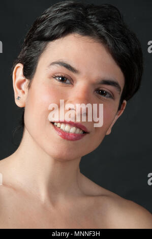 Portrait of attractive lady look interested hands hold empty space vs ...