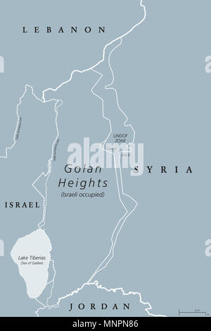 Golan Heights. political map with borders, important places, rivers and ...