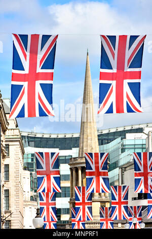 Union Jack flag decorations strung above the streets of London, UK ...