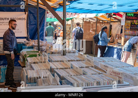 Shallow focus view of nostalgic, vinyl records being sold in an English ...