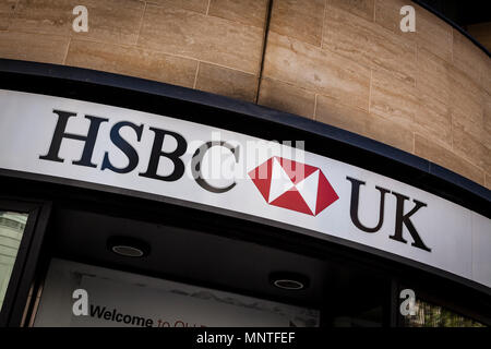HSBC logo high street bank sign outside branch of HSBC bank in the ...