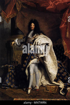 This 1701 oil painting by Hyacinthe Rigaud portrays Louis XIV of France in full armor. It ...