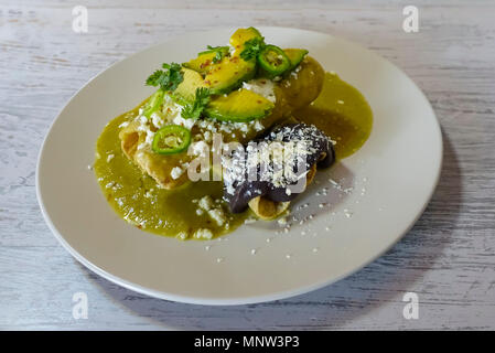 Dish with the popular Mexican avocado sauce Guacamole with corn chips ...