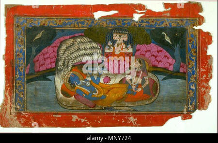 Vishnu reclining on the serpent Shesha, painting in watercolour and ...