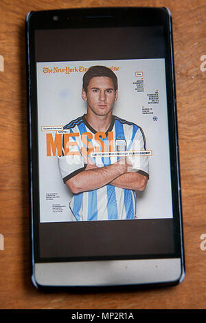 Lionel Messi on the cover of New York Times Magazine on a Smartphone ...