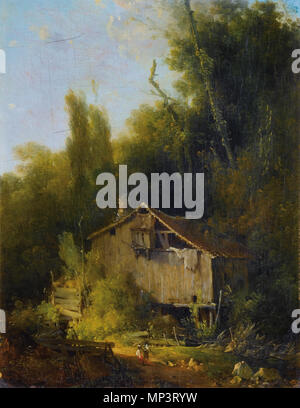 A landscape painting by Louis Gabriel Moreau depicting a hovel near a ...