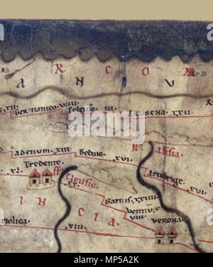 The Tabula Peutingeriana is an ancient Roman road map. This particular ...