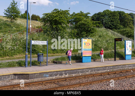 The Supertram at Sheffield Station tram stop with the city of Sheffield ...