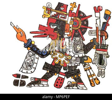 Quetzalcoatl, feathered serpent, god of Wind and Wisdom, left. Tezcatlipoca, Smoking Mirror, god ...