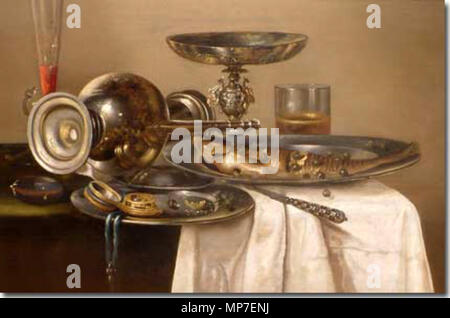 Still life of silverware, a dead fish, a watch and a glass on a draped ...