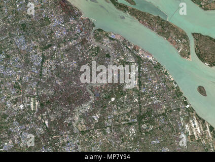 Color satellite image of Shanghai, China, located in the Yangtze River ...