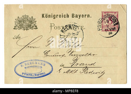 Postage stamp: Bayern (Bavaria), Coat of Arms, 1876, 10 Pfennig Stock ...