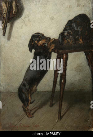 'Paar Dachshunde auf einem Schemel' by Julius Josef Pollak, painted in 1898, features two ...