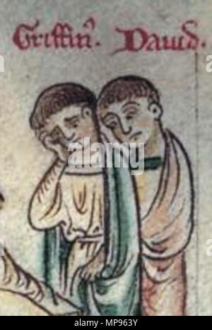 . Manuscript drawing showing Llywelyn the Great with his sons Gruffydd ...