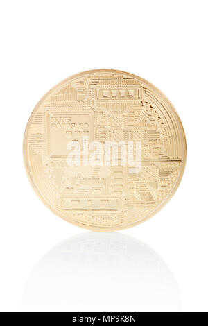 Bitcoin back, golden coin isolated on white, clipping path included ...