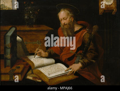 Master with the Parrot - St Luke writing Stock Photo - Alamy