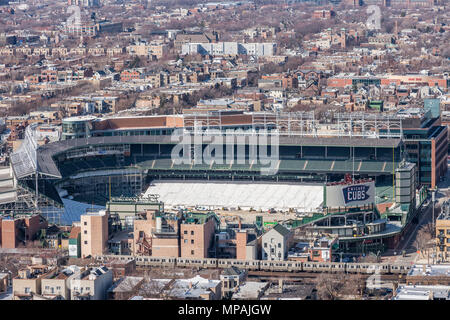 Aerial view of Wrigley Field with Chicago Illinois skyline in ...