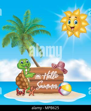 Hello summer - blue wooden background with tropical flowers and text ...