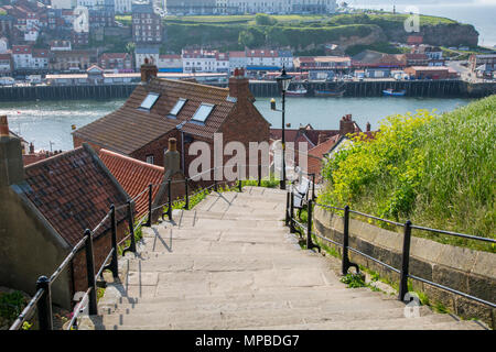 The 199 steps in Whitby which lead up to Whitby Abbey in Yorkshire UK ...