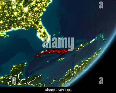 Map of Cuba in red as seen from space on planet Earth at night with ...