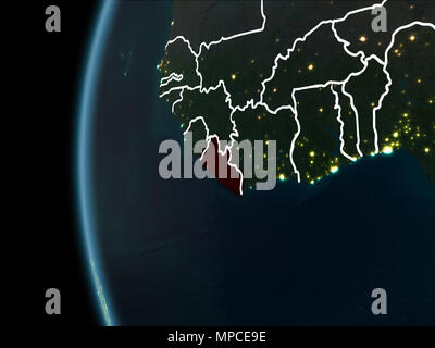 Space orbit view of Liberia highlighted in red on planet Earth with ...