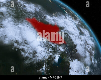 Night above South Sudan highlighted in red on model of planet Earth in space. 3D illustration ...