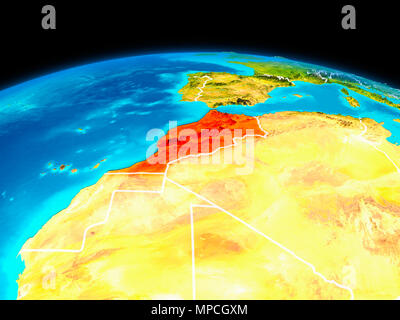 Satellite view of Morocco highlighted in red on planet Earth with ...