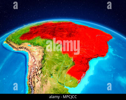 Satellite view of Brazil highlighted in red on planet Earth at night ...