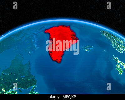 Satellite night view of Greenland highlighted in red on planet Earth with clouds. 3D ...