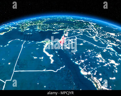 Satellite night view of Israel highlighted in red on planet Earth with ...