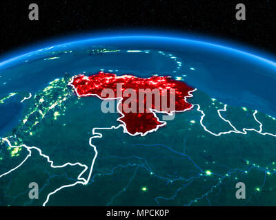 Satellite night view of Venezuela highlighted in red on planet Earth ...