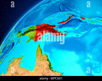 Orbit view of Papua New Guinea highlighted in red with visible borderlines and city lights on ...