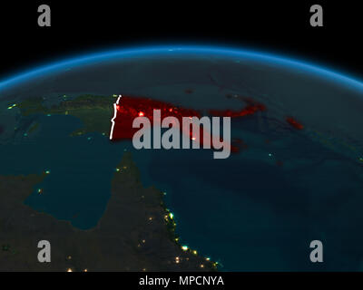 Space orbit view of Papua New Guinea highlighted in red on planet Earth with visible borders. 3D ...