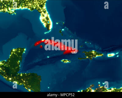 Satellite view of Cuba highlighted in red on planet Earth at night with ...