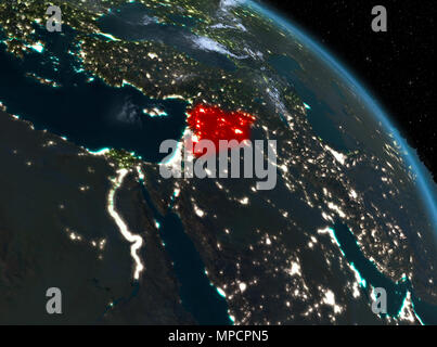 Night above Syria highlighted in red on model of planet Earth in space ...