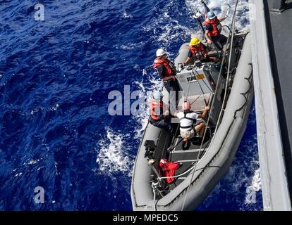 PACIFIC OCEAN (Feb. 13, 2017) Sailors lower a rigid hull inflatable ...