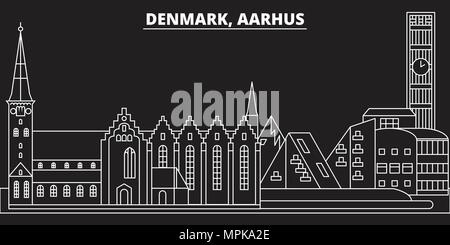 Denmark, Aarhus city skyline isolated vector illustration. Denmark, Aarhus travel cityscape with ...