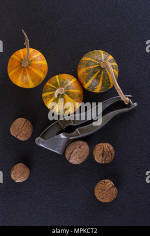 Small pumpkin and walnuts on a rustic wooden board Stock Photo - Alamy