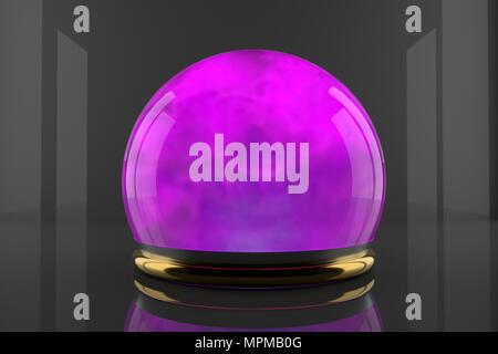 Crystal ball with fume particles motion. Cyan color gas inside a glass ...