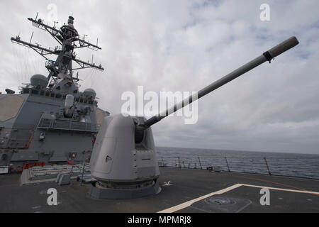 The Mark 45 5-inch gun and superstructure of guided-missile destroyer ...