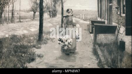 Flower Girl in Holland, 1887. Young Dutch woman selling flowers door-to ...