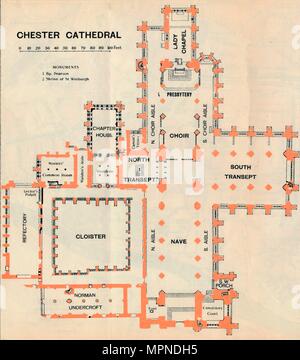CHESTER CATHEDRAL floor plan. Cheshire. BAEDEKER 1927 old vintage map ...