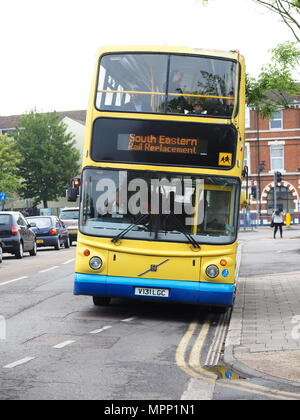 yellow rail replacement bus service sign, black letters and pictogram ...